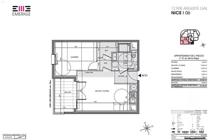 Appartement à vendre - Nice, Riquier - 2 pièces - 1 chambre