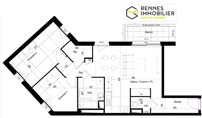 Appartement à vendre - Liffré - 3 pièces - 2 chambres