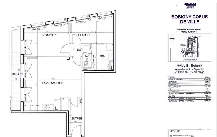 Appartement à louer - Bobigny, Centre-ville - 3 pièces - 2 chambres