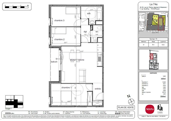 Appartement à louer - Rouen, Centre-ville Rive gauche - 4 pièces - 3 chambres