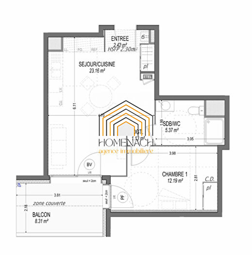 Appartement à vendre - Corbelin - 2 pièces - 1 chambre