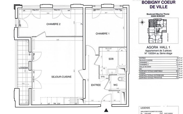 Appartement à louer - Bobigny, Centre-ville - 3 pièces - 2 chambres