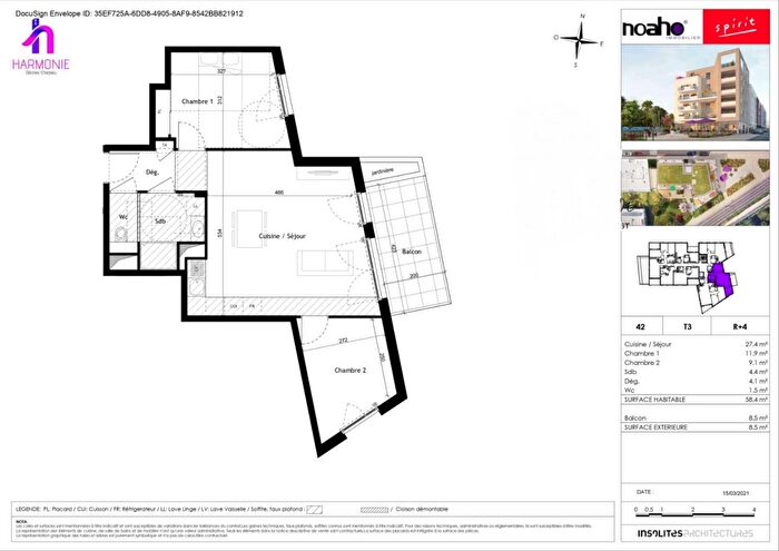 Appartement à louer - Décines-Charpieu, Bonneveau - 3 pièces - 2 chambres