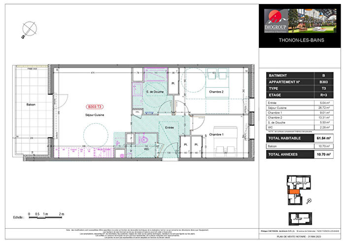 Appartement à vendre - Thonon-les-Bains, Ouest - 3 pièces - 2 chambres