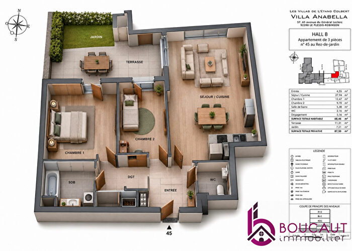 Appartement 3 pièces à Le Plessis-Robinson, Coteau, à vendre