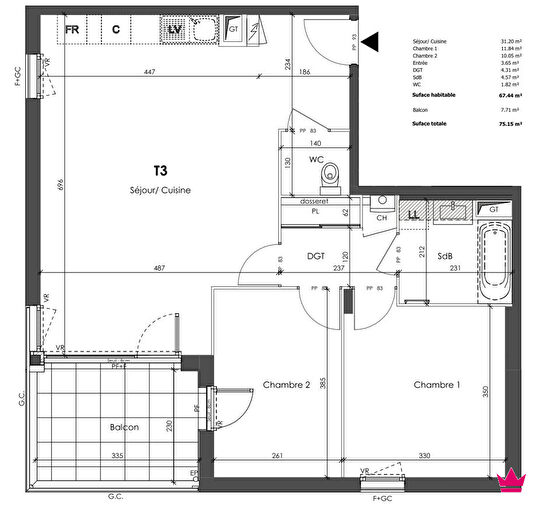Appartement à vendre - Corbas - 3 pièces - 2 chambres