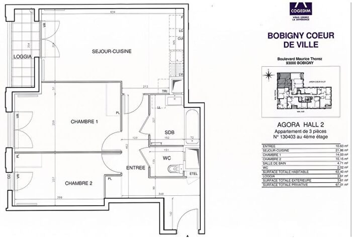 Appartement à louer - Bobigny, Centre-ville - 3 pièces - 2 chambres