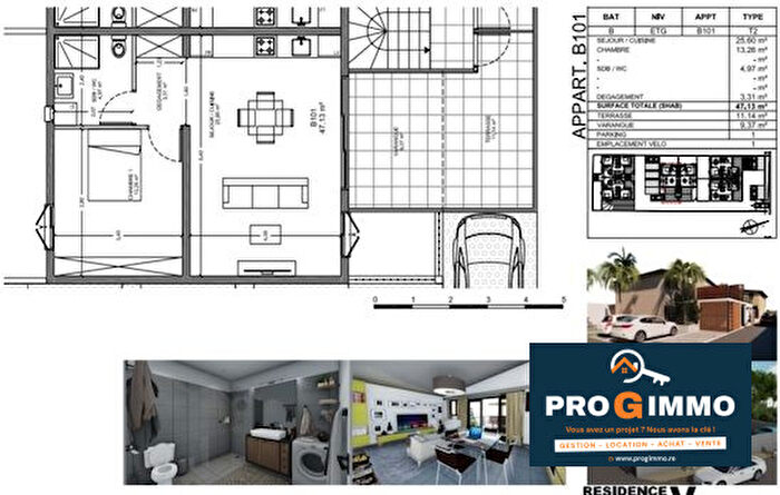 Appartement à vendre - Saint-Pierre, Bois dOlive - 2 pièces - 1 chambre