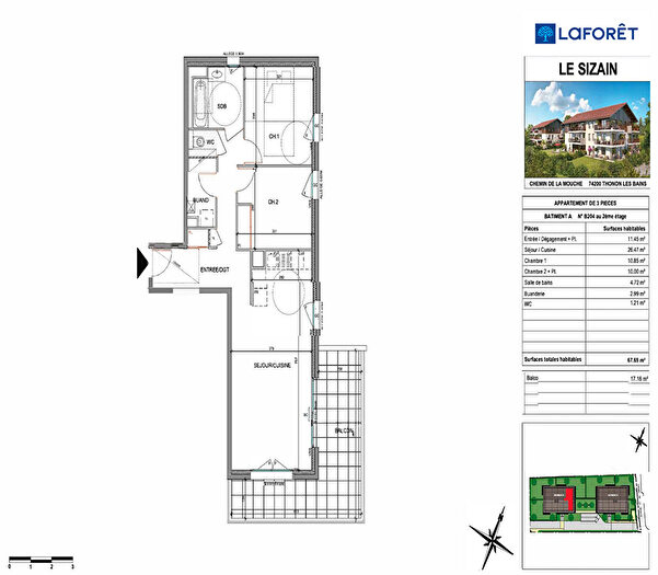 Appartement à vendre - Thonon-les-Bains, Est - 3 pièces - 2 chambres