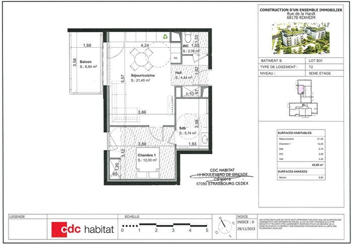 Rixheim, Ile Napoléon : Appartement 2 pièces à louer