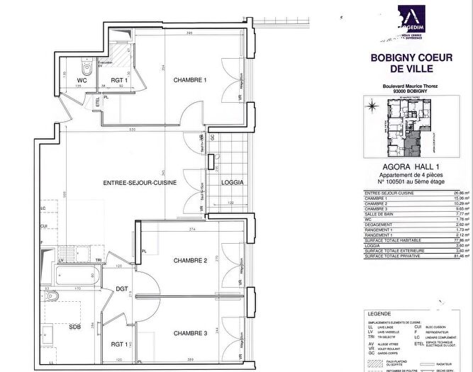 Appartement à louer - Bobigny, Centre-ville - 4 pièces - 3 chambres