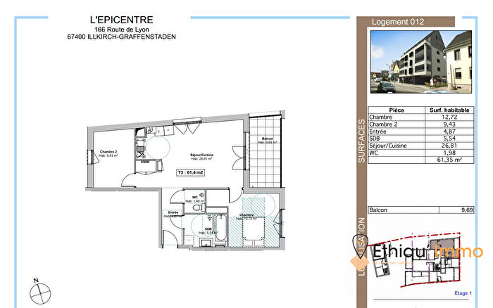 Appartement à vendre - Illkirch-Graffenstaden, Centre Ouest - 3 pièces - 2 chambres