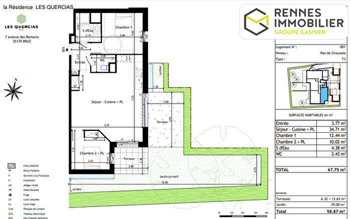 Appartement à vendre - Bruz, Centre-ville - 3 pièces - 2 chambres