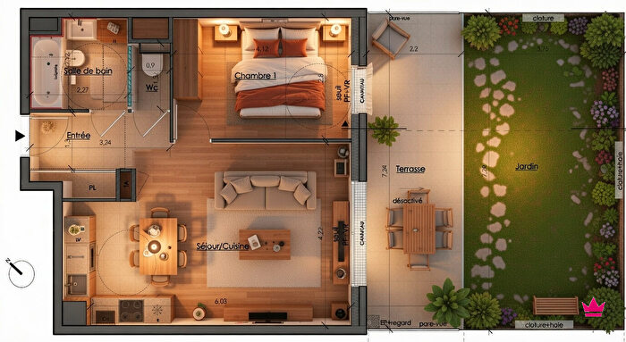 Appartement à vendre - Montbonnot-Saint-Martin - 2 pièces - 1 chambre