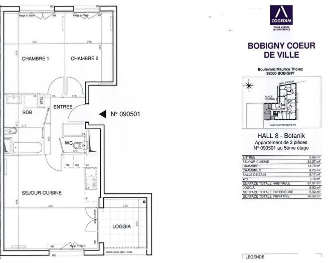 Appartement à louer - Bobigny, Centre-ville - 3 pièces - 2 chambres