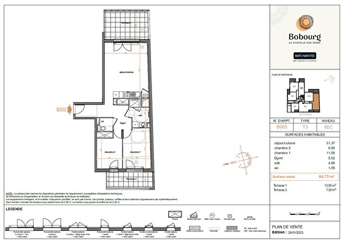 Appartement à vendre - La Chapelle-sur-Erdre, Perrières, Coutancière - 3 pièces - 2 chambres